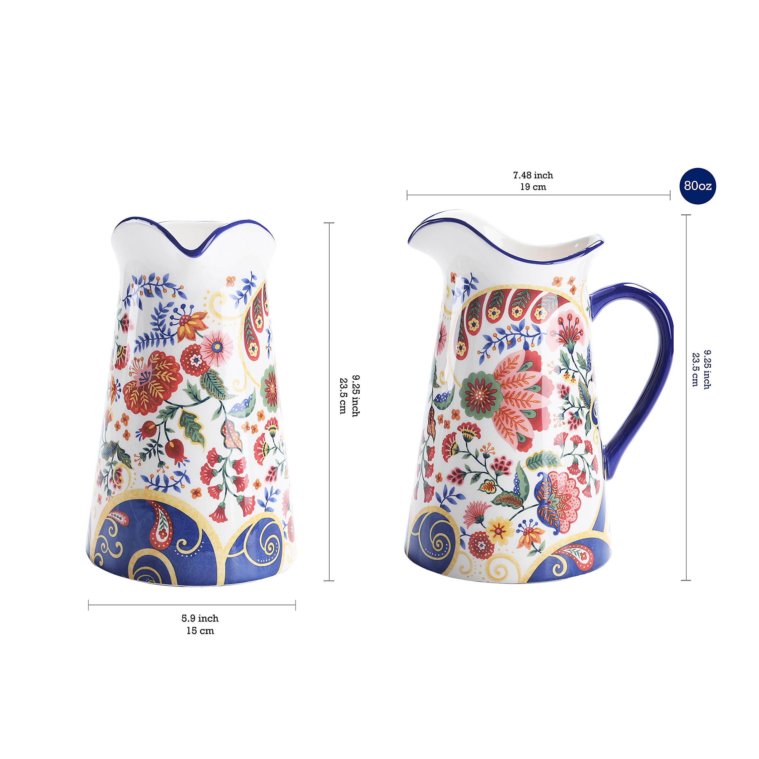 Bico Spiral Marrakesh Ceramic 2.5 Quarts Pitcher with Handle, Decorative Vase for Flower Arrangements, Dishwasher Safe