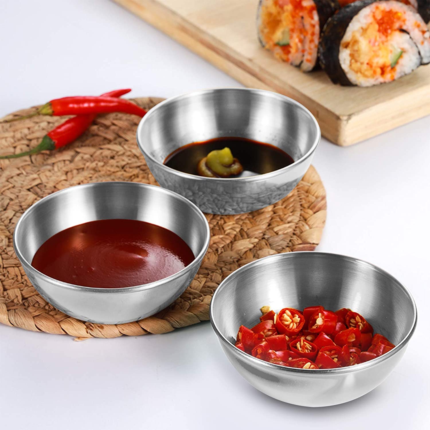 HEYCAHVA Stainless Steel Sauce Dishes, 8PCS 3.2 Inch Stainless Steel Prep Bowls Round Seasoning Dishes Sushi Dipping Sauce Bowl Mini Appetizer Plates Serving Bowl