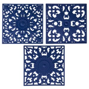 viwehots silicone trivets mats for hot pots and pans, square non slip mat for table multi-use carved hot pads and mats, flexible modern pad heat resistant big teapot coaster set of 3 blue