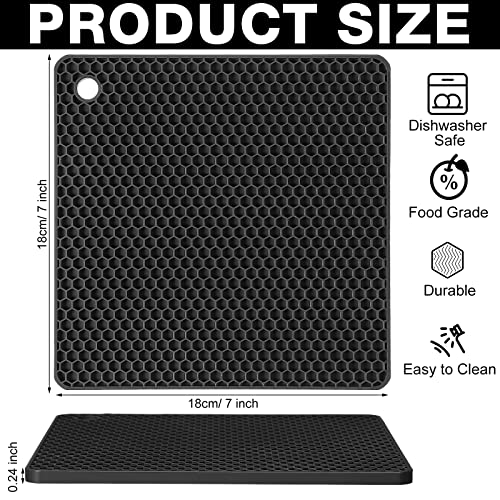 Bokon 12 Pcs Silicone Trivet for Hot Dishes 7'' Square Silicone Trivet Mats Heat Resistant Pot Holders Black Anti Slip Silicone Pot Mat Table Placemats for Pots and Pans Hot Pad for Kitchen Counter