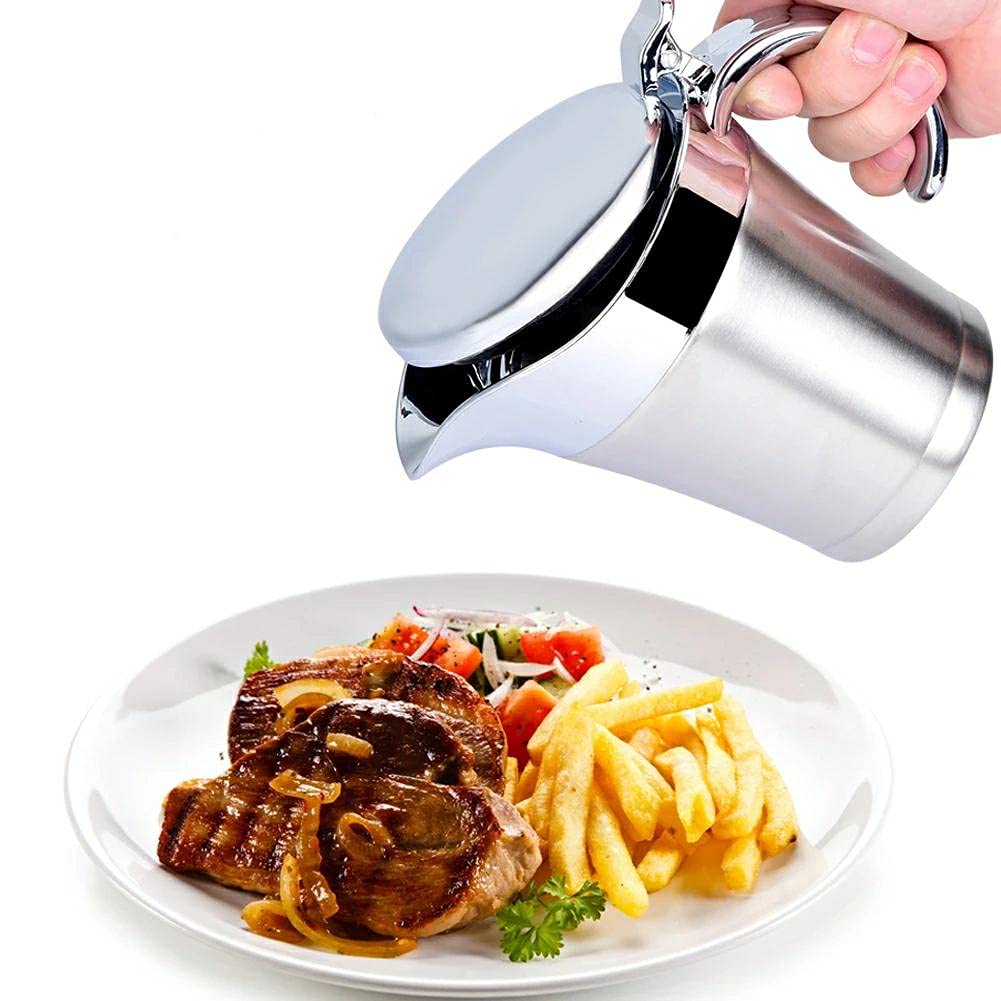 FOXDISK 304 Stainless Steel Double Insulated Gravy Boat 26 oz with Hinged Lid,Sauce Jug and Steak Sauce Pot Double Walled Insulated Thermal (26 oz/750ml)