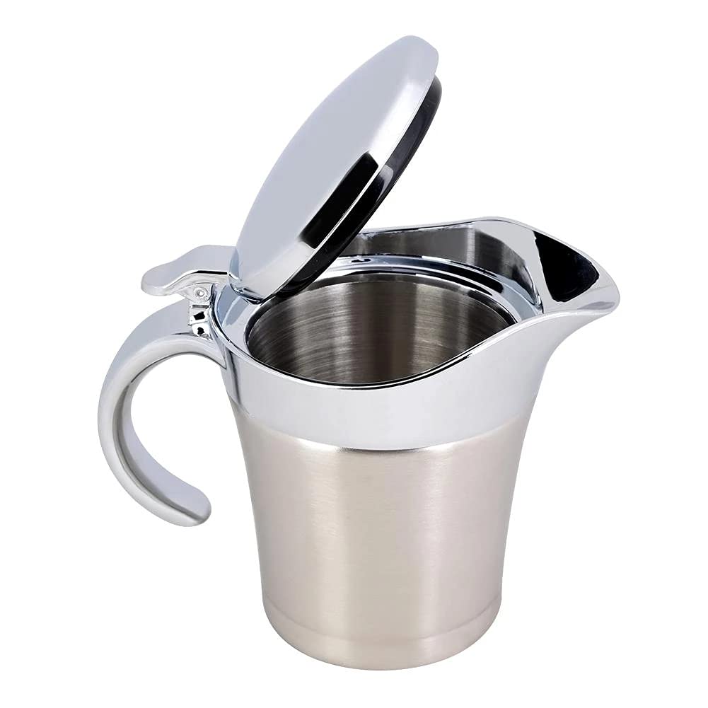 FOXDISK 304 Stainless Steel Double Insulated Gravy Boat 26 oz with Hinged Lid,Sauce Jug and Steak Sauce Pot Double Walled Insulated Thermal (26 oz/750ml)