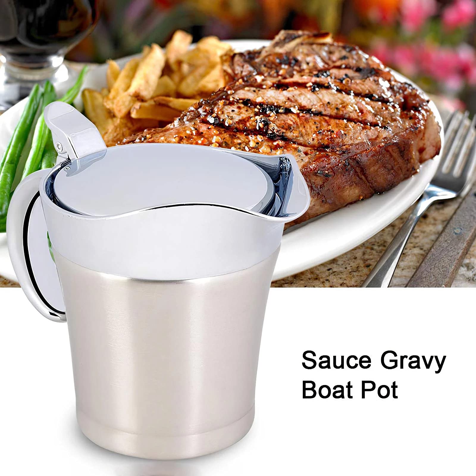 FOXDISK 304 Stainless Steel Double Insulated Gravy Boat 26 oz with Hinged Lid,Sauce Jug and Steak Sauce Pot Double Walled Insulated Thermal (26 oz/750ml)