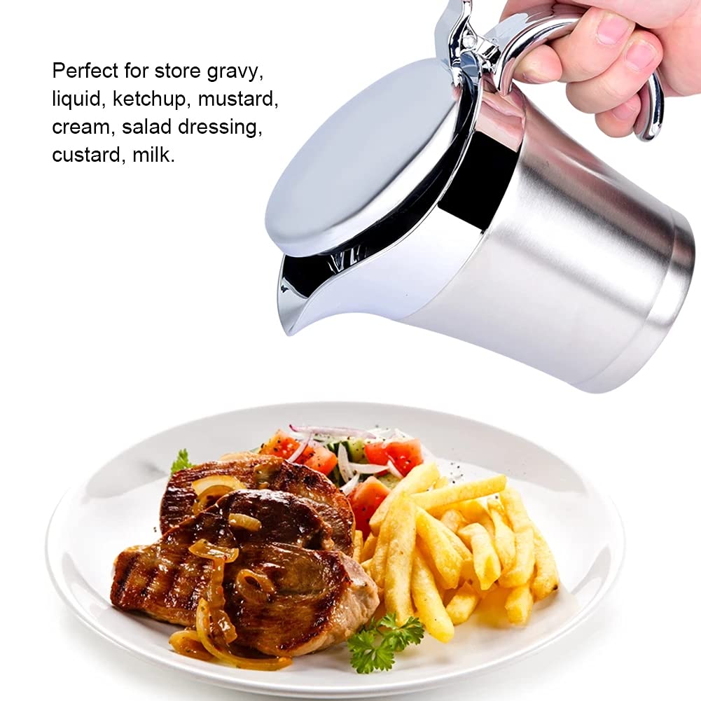 FOXDISK 304 Stainless Steel Double Insulated Gravy Boat 26 oz with Hinged Lid,Sauce Jug and Steak Sauce Pot Double Walled Insulated Thermal (26 oz/750ml)