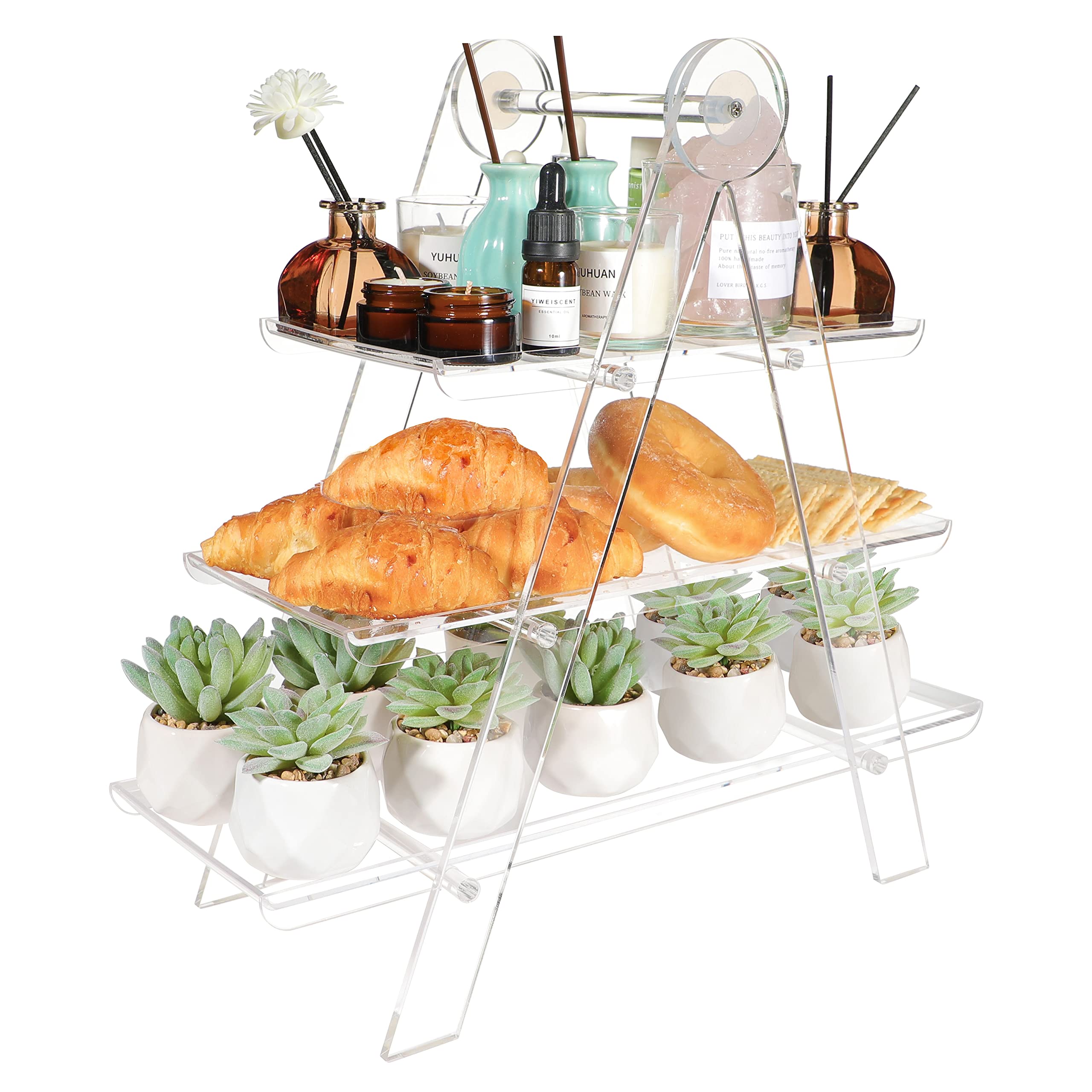 Koluti 3 Tier Serving Tray Stand, Solid Acrylic Rectangle Platter Display for Party, Foldable Three Tiered Plant Stand Board Ladder Shelf Decor, Detachable Trays Cupcake Fruit Food Plant Countertop