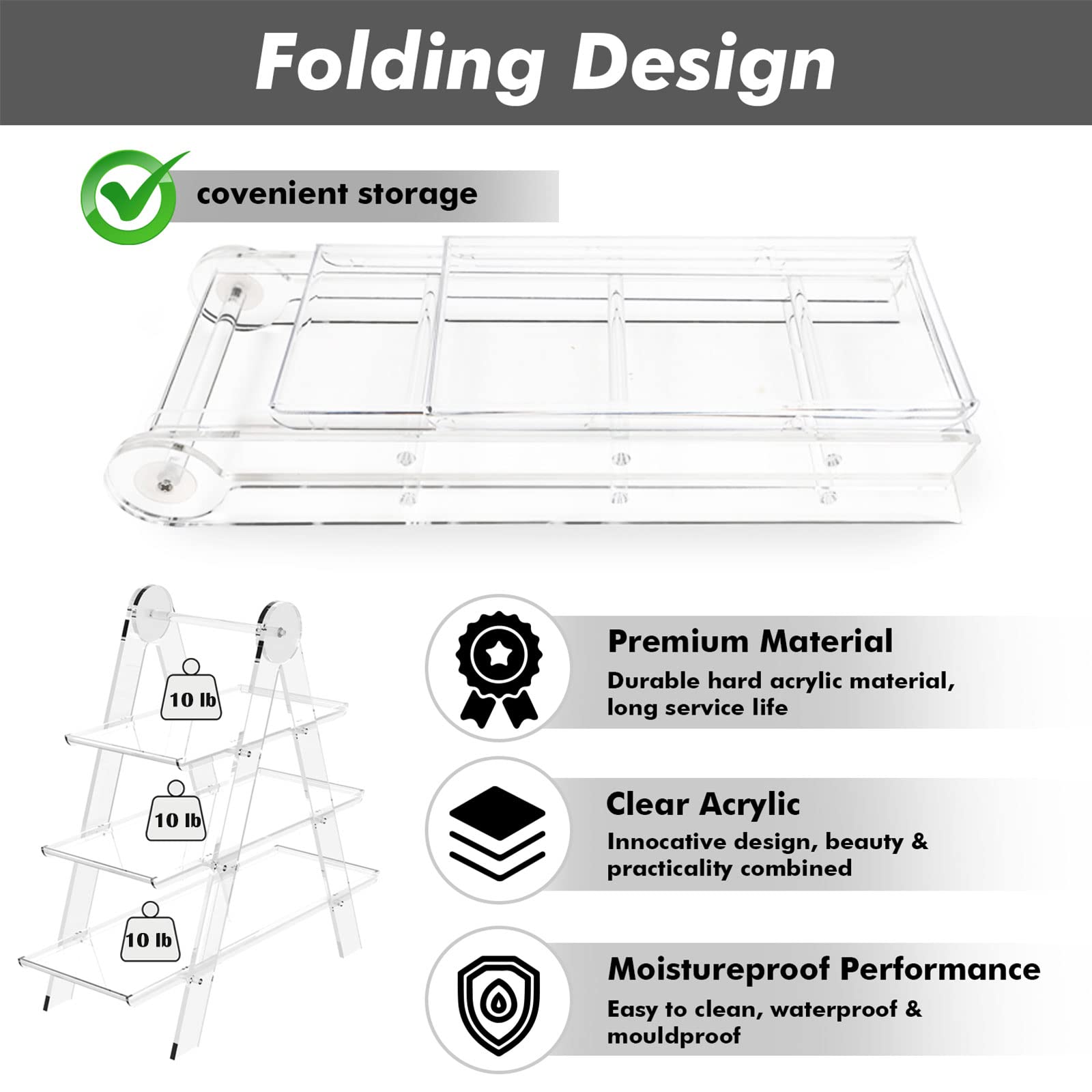 Koluti 3 Tier Serving Tray Stand, Solid Acrylic Rectangle Platter Display for Party, Foldable Three Tiered Plant Stand Board Ladder Shelf Decor, Detachable Trays Cupcake Fruit Food Plant Countertop