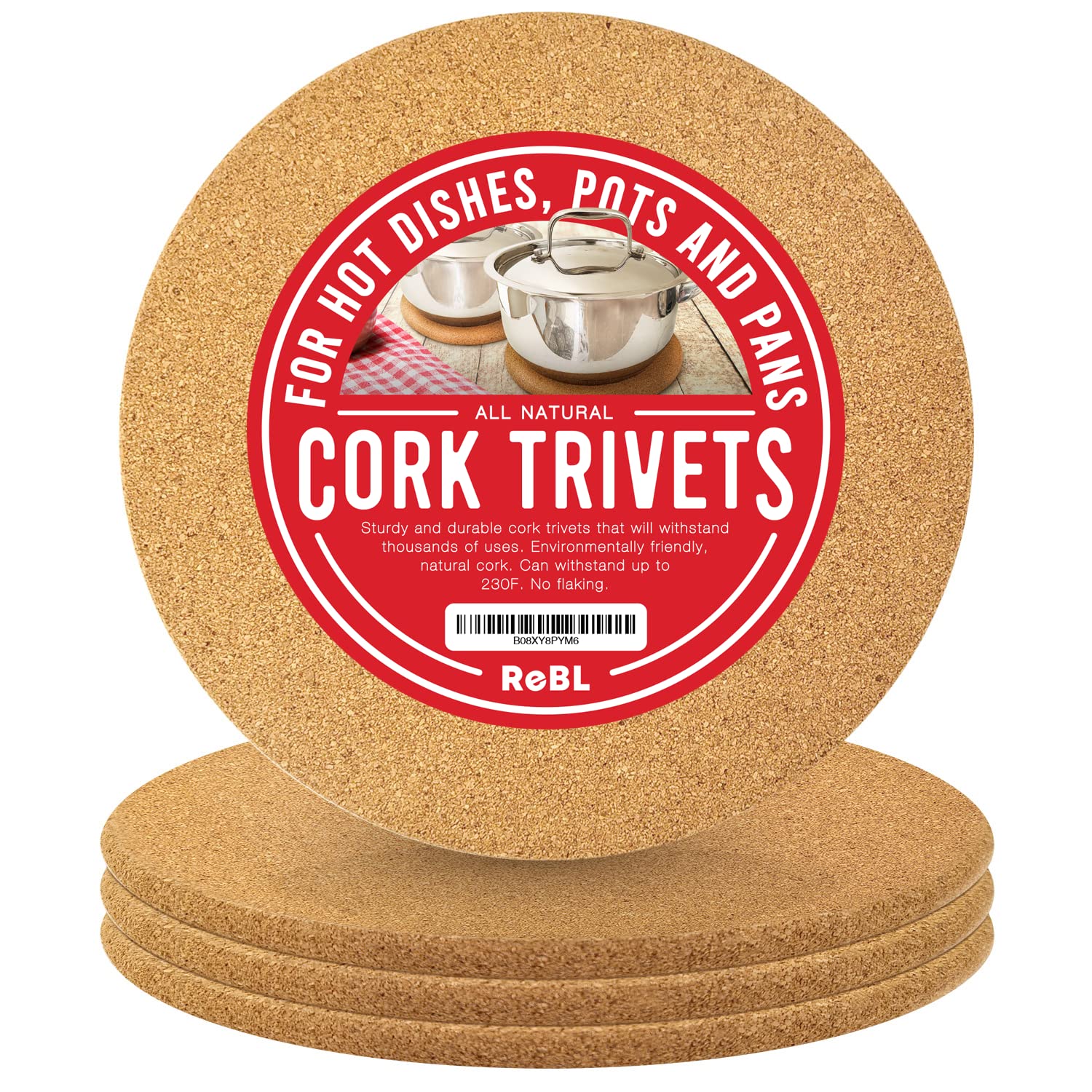 ReBL Large Cork Trivets for Hot Dishes (8 Inch) Thick Cork Coaster - Cork Trivet Hot Pads - Cork Plant Mats - Trivets for Hot Pots and Pans - Kitchen Counter - Pot Coasters - Hot Pan Coaster (4-Pack)