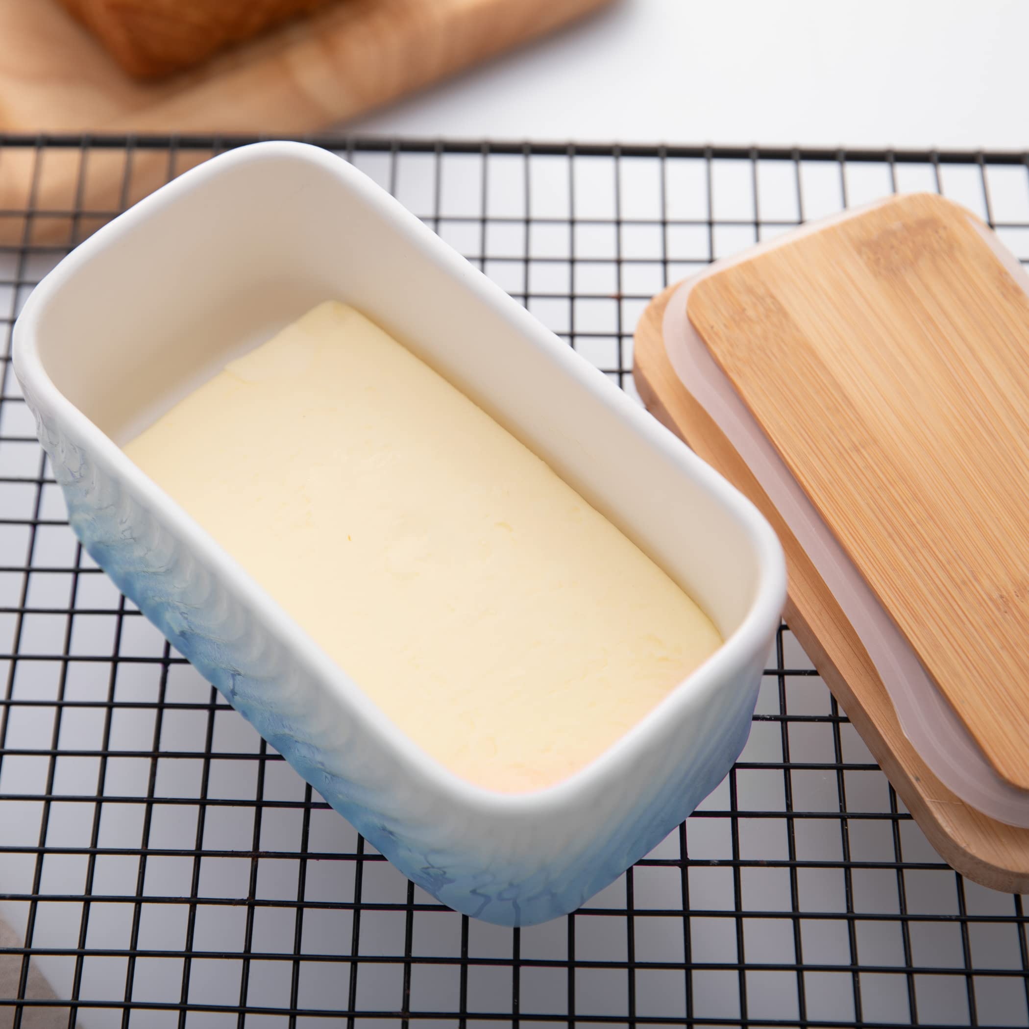 Lumicook Large Ceramic Butter Dish with Wooden Lid, Large Butter Container Keeper Storage with Stainless Steel Butter Knife Spreader, Holds 2 Stick of Butter Unique Swirl Pattern (Blue)