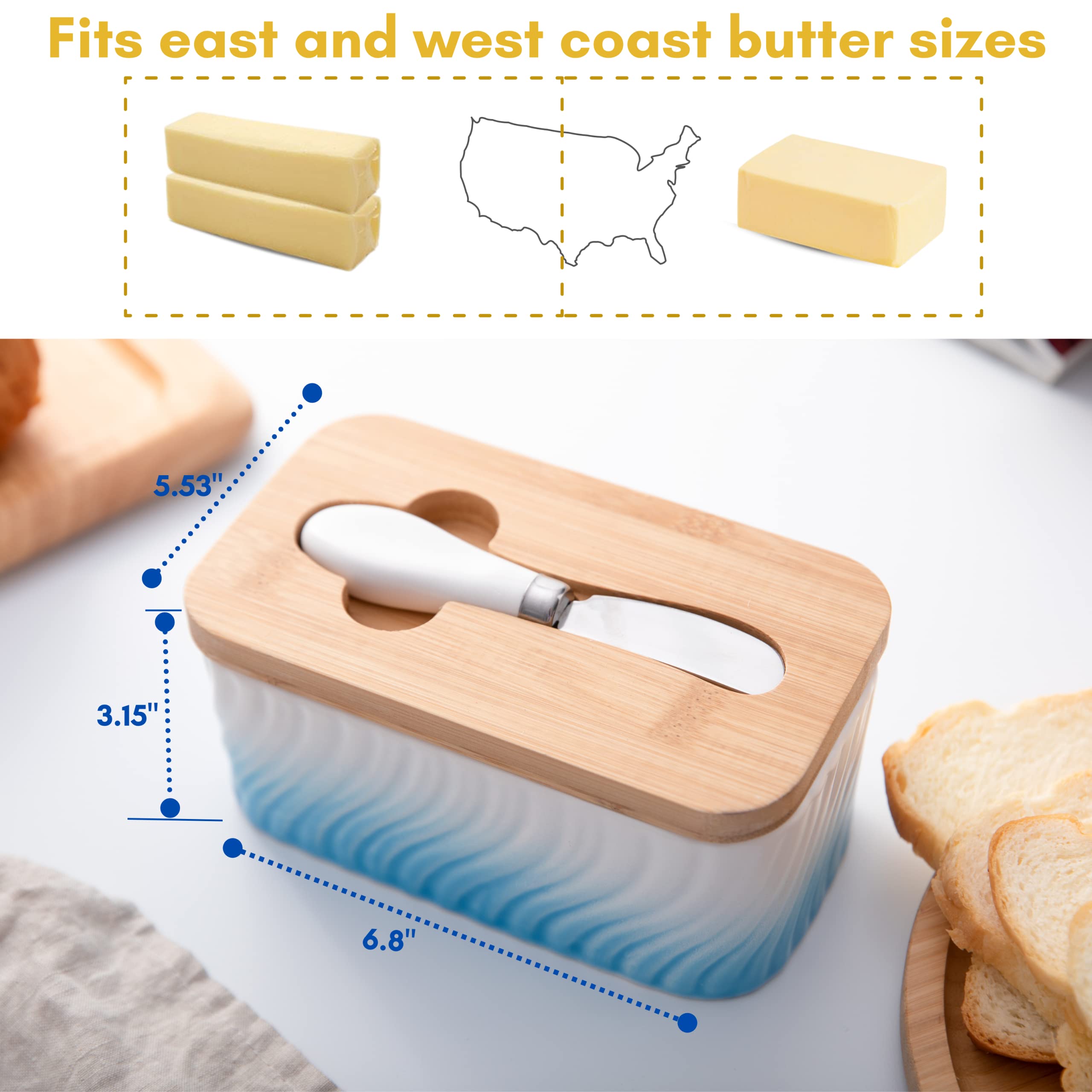 Lumicook Large Ceramic Butter Dish with Wooden Lid, Large Butter Container Keeper Storage with Stainless Steel Butter Knife Spreader, Holds 2 Stick of Butter Unique Swirl Pattern (Blue)