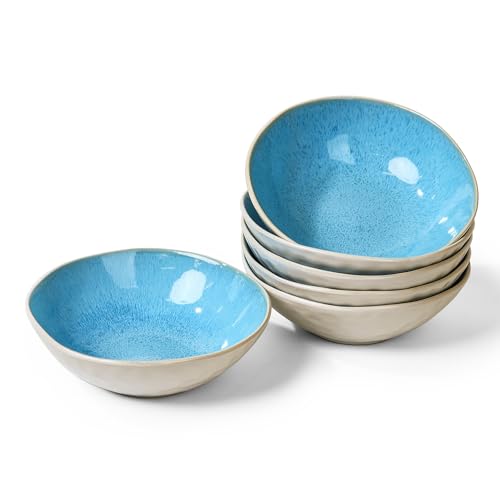 MIAMIO - 6 x 24 Ounce Cereal/Soup Bowl Set Lumera Collection/Premium Ceramic Tableware Set - Handmade (Blue Bowls)