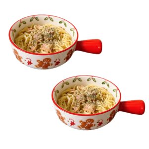 SHIIANN 22 Oz Ceramic Soup Bowl with Handles Set of 2, French Onion Soup Crocks, Porcelain 6 Inch Microwave and Oven Safe Bowls, Cherry hand-painted pattern