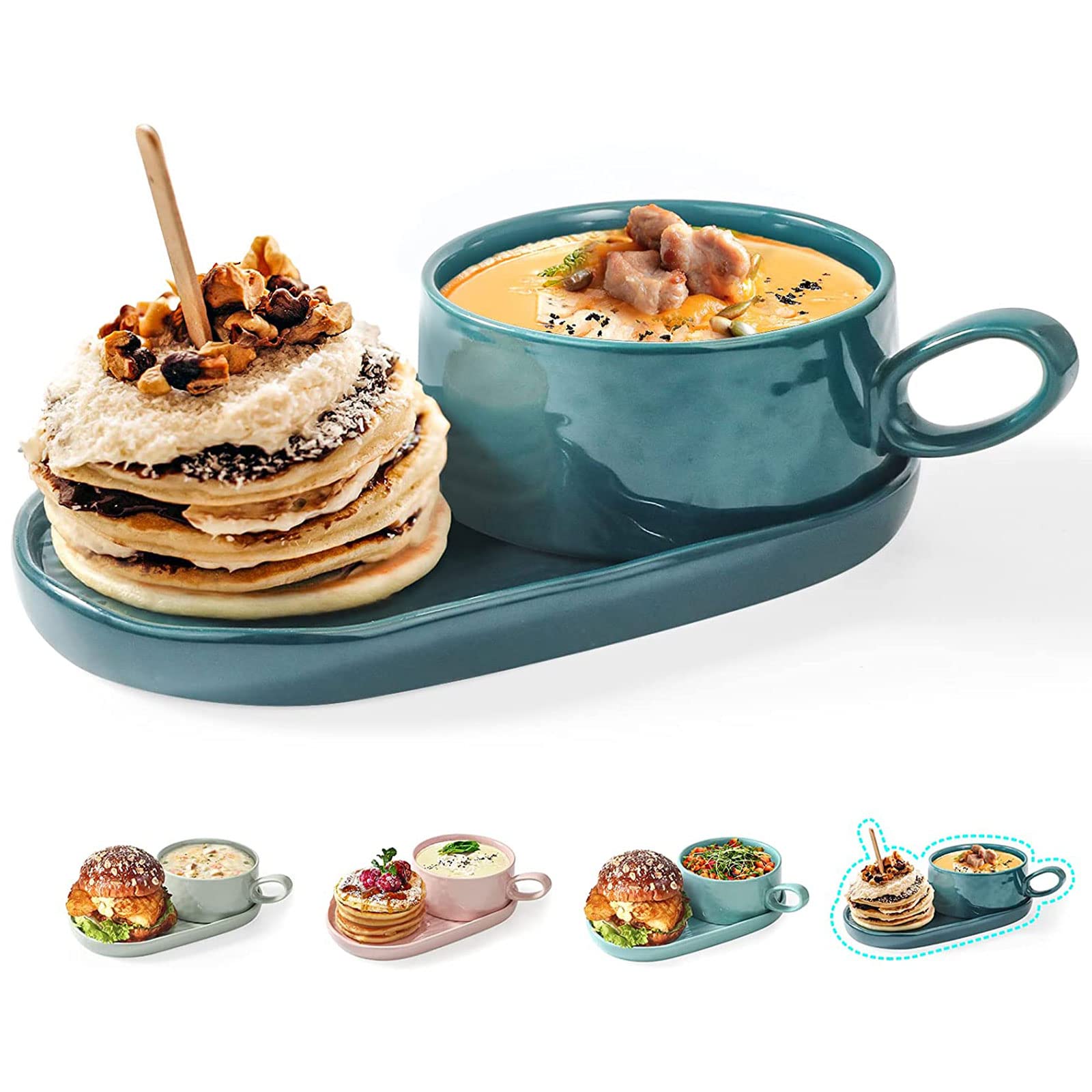 Artena Asian Soup Bowls with Spoons Set of 4 & Teal Blue Solid Soup and Sandwich Plate combo