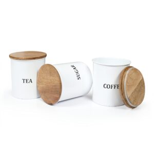 coffee sugar tea canister set of 3 - galvanized metal with wooden lid - beautiful fancy elegant decorative food storage jars perfect for farmhouse kitchen décor restaurant bar - 4.75 inch - off white