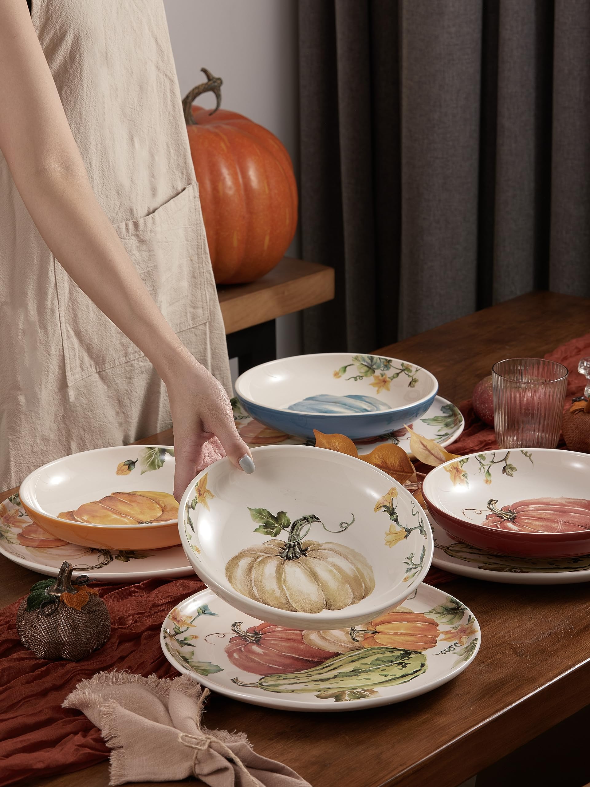 Bico Pumpkin Feast Ceramic 35oz Dinner Bowls, Set of 4, for Pasta, Salad, Cereal, Soup & Microwave & Dishwasher Safe