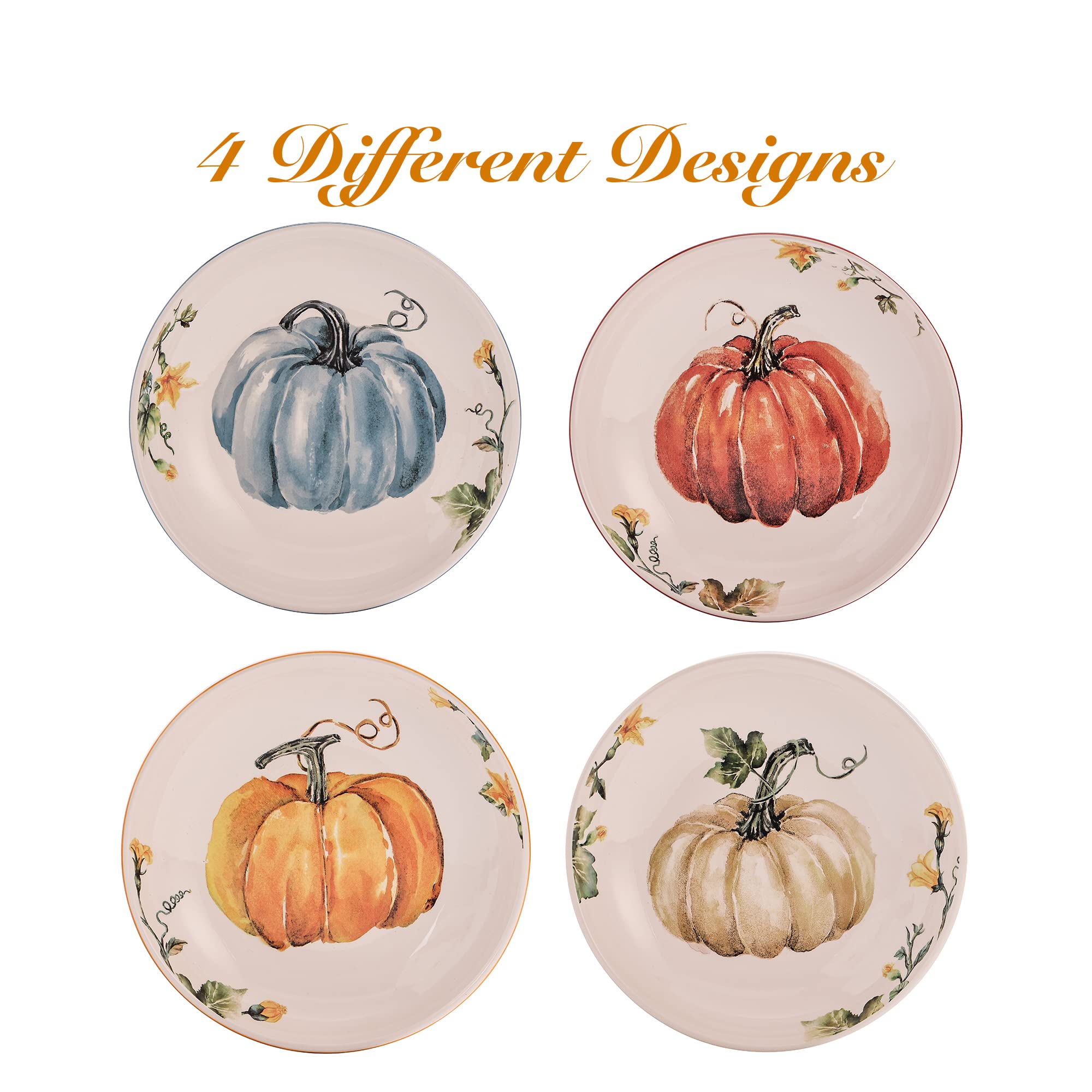 Bico Pumpkin Feast Ceramic 35oz Dinner Bowls, Set of 4, for Pasta, Salad, Cereal, Soup & Microwave & Dishwasher Safe