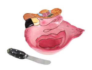 blue sky ceramics miss precious flamingo dip bowl with spreader set, 6", multi