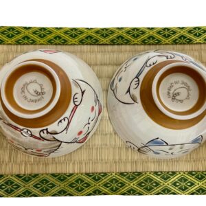 Japanese Rice Bowl Set Ceramic Blue and Pink Cute Smiling Cats Design Set of 2 Bowls Blue and Pink