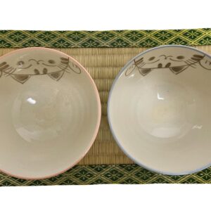 Japanese Rice Bowl Set Ceramic Blue and Pink Cute Smiling Cats Design Set of 2 Bowls Blue and Pink