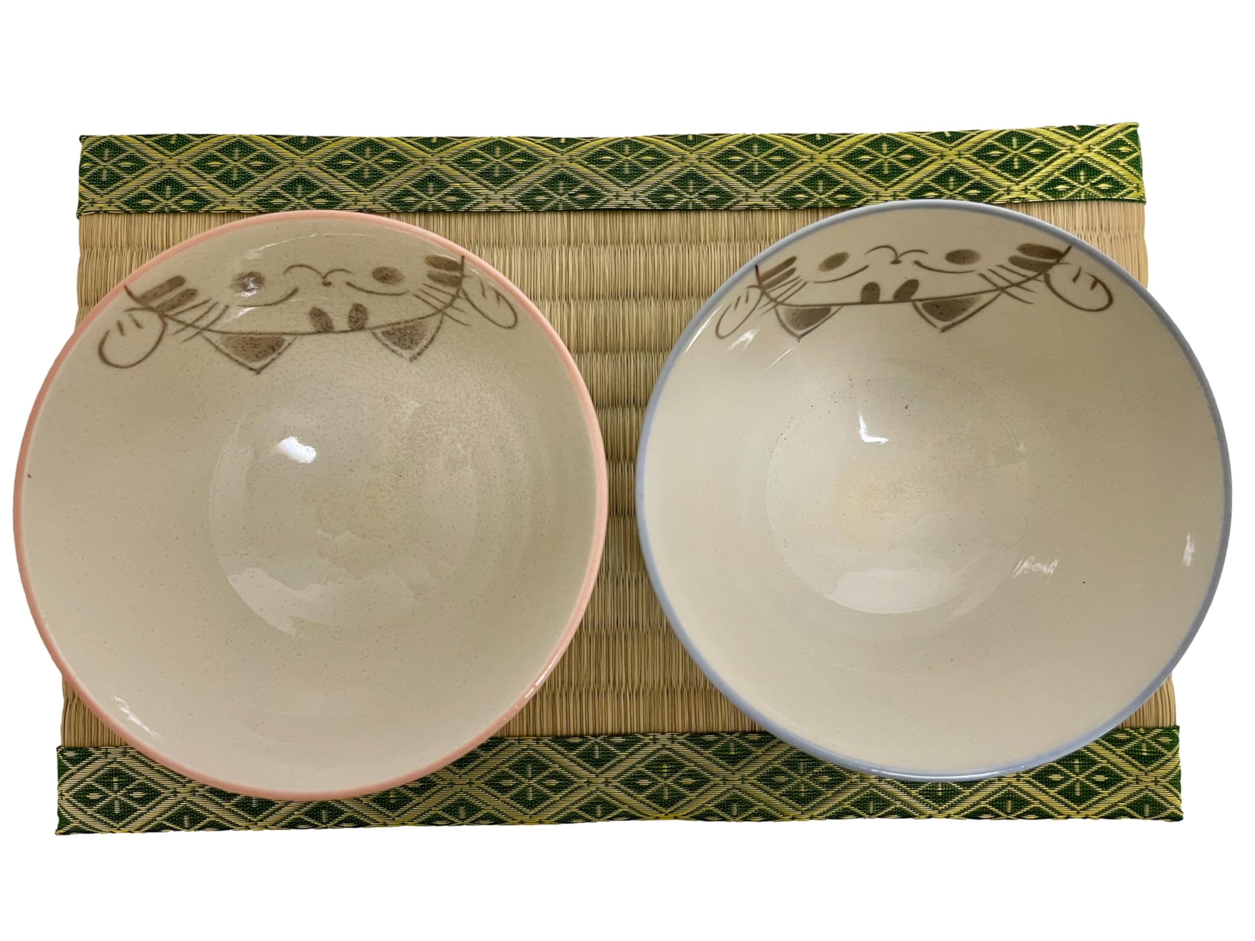 Japanese Rice Bowl Set Ceramic Blue and Pink Cute Smiling Cats Design Set of 2 Bowls Blue and Pink