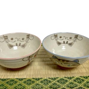 Japanese Rice Bowl Set Ceramic Blue and Pink Cute Smiling Cats Design Set of 2 Bowls Blue and Pink