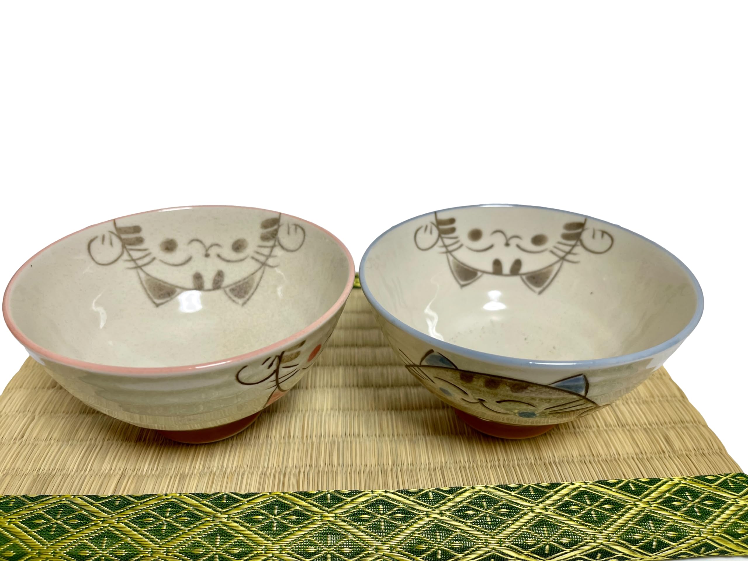 Japanese Rice Bowl Set Ceramic Blue and Pink Cute Smiling Cats Design Set of 2 Bowls Blue and Pink