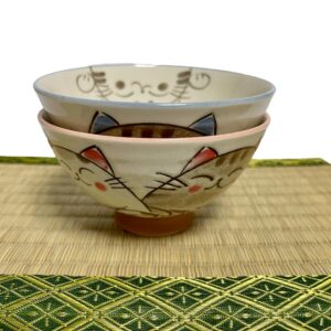 Japanese Rice Bowl Set Ceramic Blue and Pink Cute Smiling Cats Design Set of 2 Bowls Blue and Pink