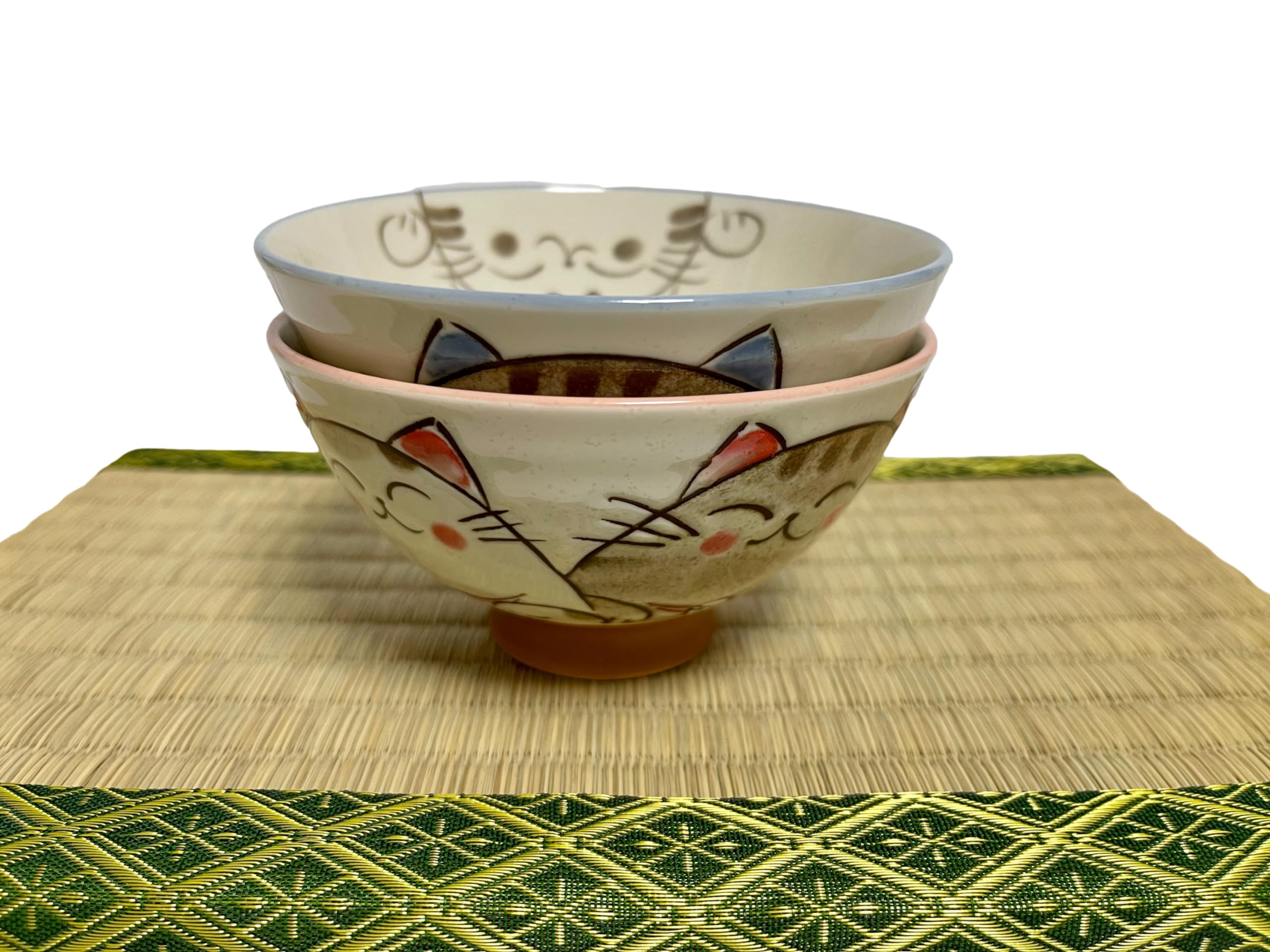 Japanese Rice Bowl Set Ceramic Blue and Pink Cute Smiling Cats Design Set of 2 Bowls Blue and Pink