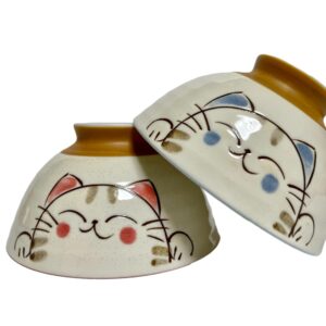 Japanese Rice Bowl Set Ceramic Blue and Pink Cute Smiling Cats Design Set of 2 Bowls Blue and Pink