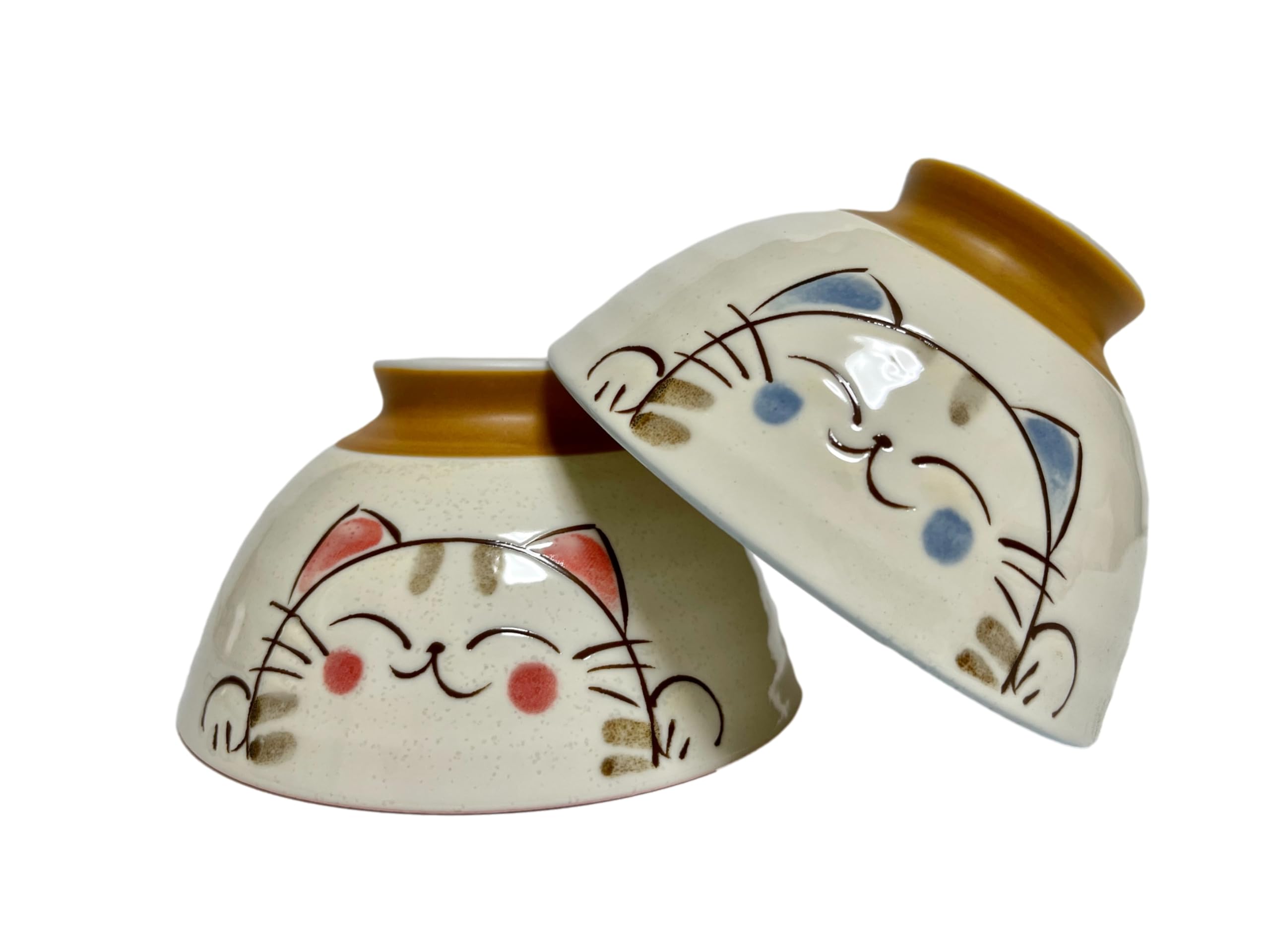 Japanese Rice Bowl Set Ceramic Blue and Pink Cute Smiling Cats Design Set of 2 Bowls Blue and Pink