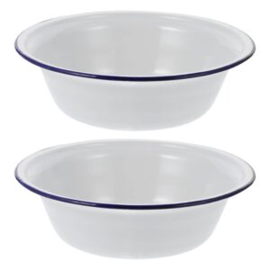 Healvian Enamel Basin 4 Pcs Enamel Bowl White Enamelware With Blue Rim Salad Serving Bowl Food Dinner Plates Vintage Flower Face Washing Basin for Camping Enamel Soup Basin