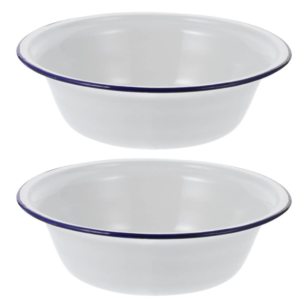 Healvian Enamel Basin 4 Pcs Enamel Bowl White Enamelware With Blue Rim Salad Serving Bowl Food Dinner Plates Vintage Flower Face Washing Basin for Camping Enamel Soup Basin