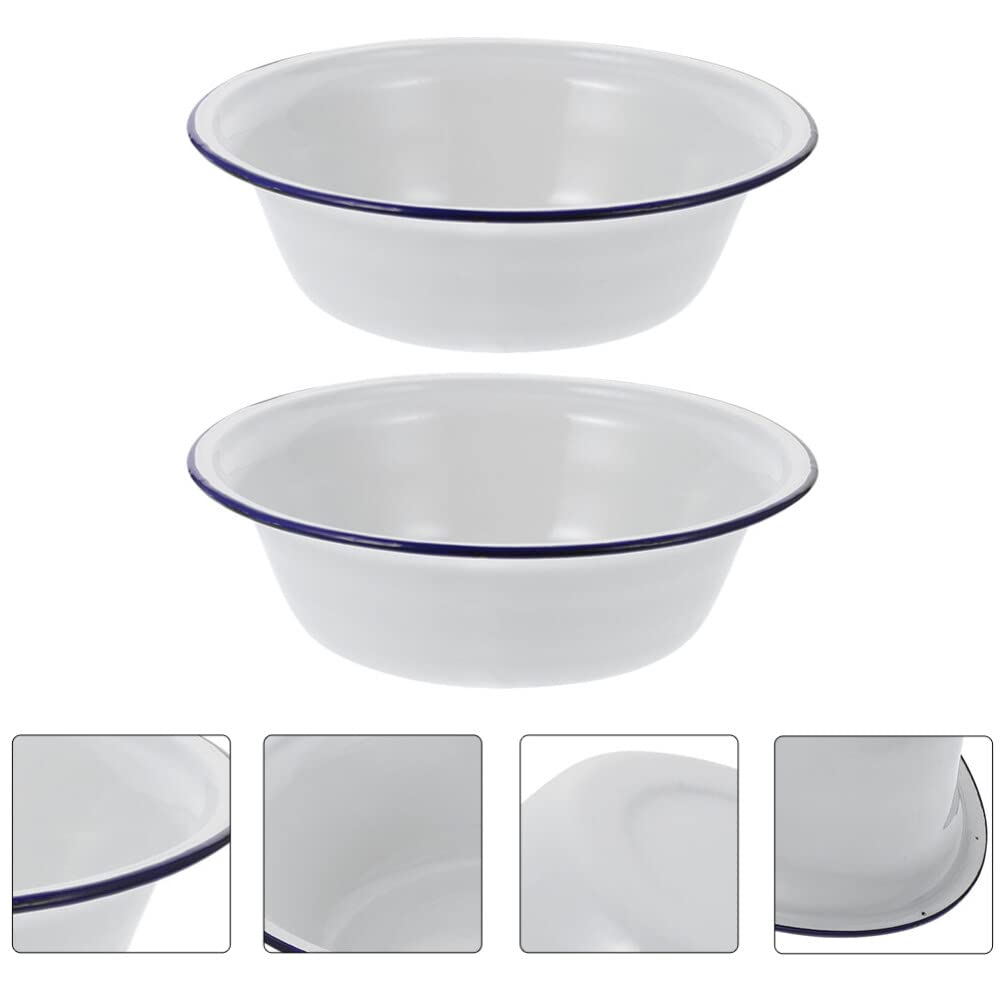 Healvian Enamel Basin 4 Pcs Enamel Bowl White Enamelware With Blue Rim Salad Serving Bowl Food Dinner Plates Vintage Flower Face Washing Basin for Camping Enamel Soup Basin