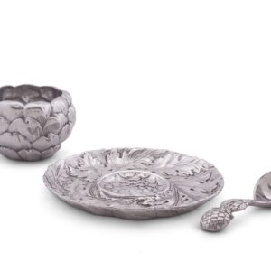 Arthur Court Aluminum Artichoke Condiment Set 3 piece Bowl, Tray, Spoon 7 inch Diameter Tray