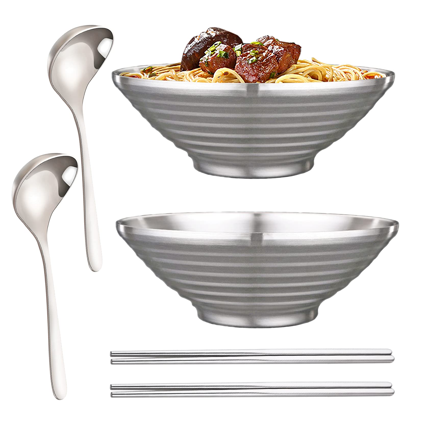 UPTALY 2 Sets Large 50 Ounce Japanese Noodle Bowls (9.5 inch x 3.4 inch), with Matching Spoons and Chopsticks, 18/10 Stainless Steel Ramen Bowl, Big Pho Bowls, Asian Soup Bowls, Thicken Udon Bowl