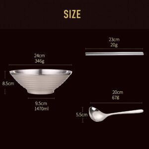 UPTALY 2 Sets Large 50 Ounce Japanese Noodle Bowls (9.5 inch x 3.4 inch), with Matching Spoons and Chopsticks, 18/10 Stainless Steel Ramen Bowl, Big Pho Bowls, Asian Soup Bowls, Thicken Udon Bowl