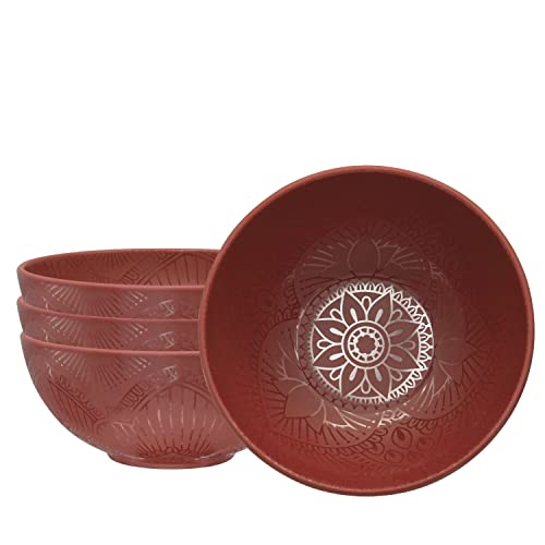 bzyoo BPA-Free Dishwasher Safe 100% Melamine Plastic Designed 23oz Bowl Set Best for Indoor and Outdoor Party Portion Control Health Living (4 PCS 23oz Bowl set, la la Mandala Red)