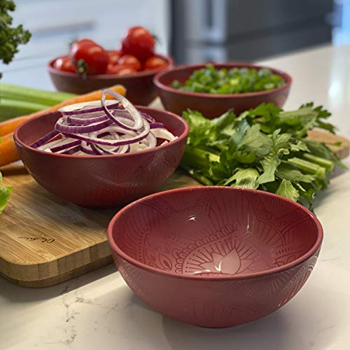 bzyoo BPA-Free Dishwasher Safe 100% Melamine Plastic Designed 23oz Bowl Set Best for Indoor and Outdoor Party Portion Control Health Living (4 PCS 23oz Bowl set, la la Mandala Red)