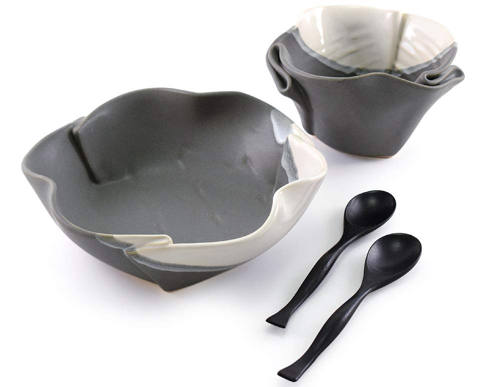 Contemporary Twist Salad and Soup Bowl Set in Grey/White, Handmade Pottery