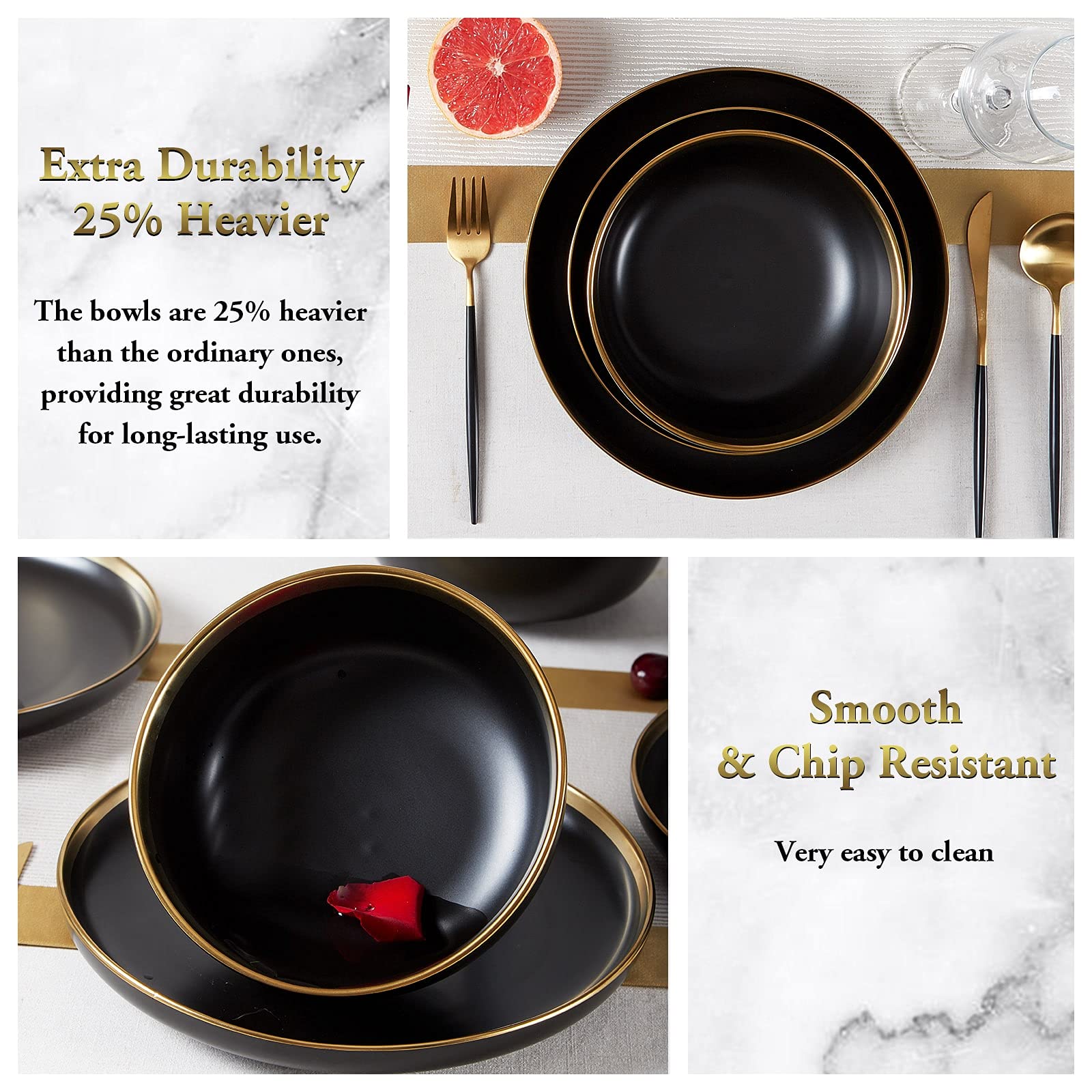 DUJUST Matte Black Porcelain Dinner Bowls of 4, 7 inch (27oz), Luxury Design with Handcrafted Gold Trim, Easy to Clean, Great Durability for Cereal/Soup/Rice/Oat, Chip Resistant, Lead-Free & BPA-Free