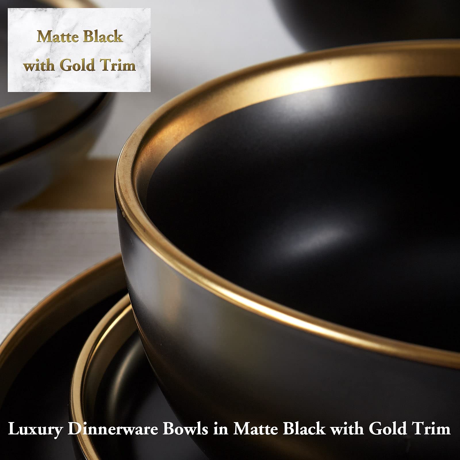 DUJUST Matte Black Porcelain Dinner Bowls of 4, 7 inch (27oz), Luxury Design with Handcrafted Gold Trim, Easy to Clean, Great Durability for Cereal/Soup/Rice/Oat, Chip Resistant, Lead-Free & BPA-Free