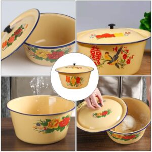 Yardwe Vintage Enamelware Soup Bowl with Lid Enamelware Basin Set Mixing Bowl for Kitchen Round Salad Serving Bowl Vintage Dinner Bowls for Ramen Soup Noodle Snack 21. 7x21. 7cm ( Random pattern )