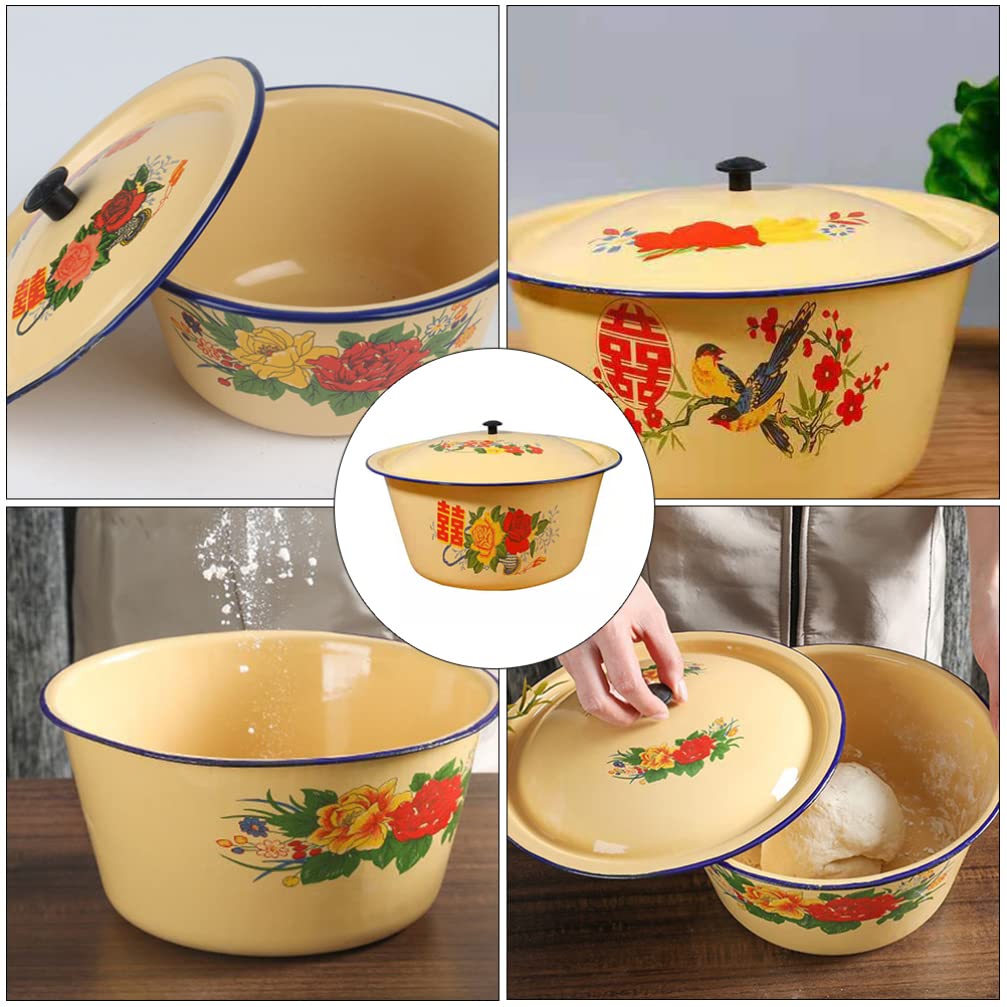 Yardwe Vintage Enamelware Soup Bowl with Lid Enamelware Basin Set Mixing Bowl for Kitchen Round Salad Serving Bowl Vintage Dinner Bowls for Ramen Soup Noodle Snack 21. 7x21. 7cm ( Random pattern )