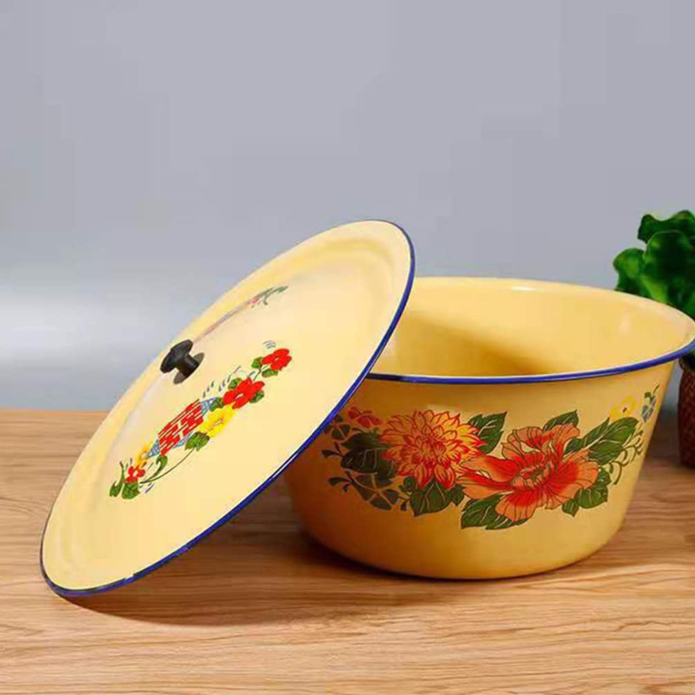 Yardwe Vintage Enamelware Soup Bowl with Lid Enamelware Basin Set Mixing Bowl for Kitchen Round Salad Serving Bowl Vintage Dinner Bowls for Ramen Soup Noodle Snack 21. 7x21. 7cm ( Random pattern )