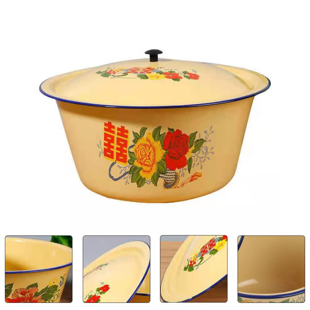 Yardwe Vintage Enamelware Soup Bowl with Lid Enamelware Basin Set Mixing Bowl for Kitchen Round Salad Serving Bowl Vintage Dinner Bowls for Ramen Soup Noodle Snack 21. 7x21. 7cm ( Random pattern )