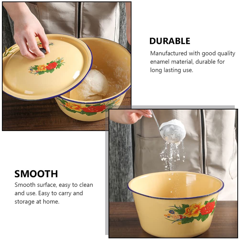 Yardwe Vintage Enamelware Soup Bowl with Lid Enamelware Basin Set Mixing Bowl for Kitchen Round Salad Serving Bowl Vintage Dinner Bowls for Ramen Soup Noodle Snack 21. 7x21. 7cm ( Random pattern )