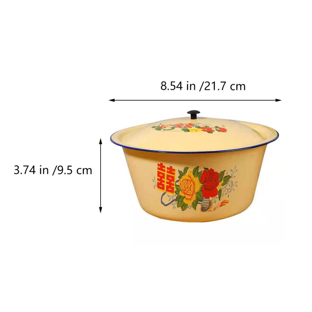 Yardwe Vintage Enamelware Soup Bowl with Lid Enamelware Basin Set Mixing Bowl for Kitchen Round Salad Serving Bowl Vintage Dinner Bowls for Ramen Soup Noodle Snack 21. 7x21. 7cm ( Random pattern )