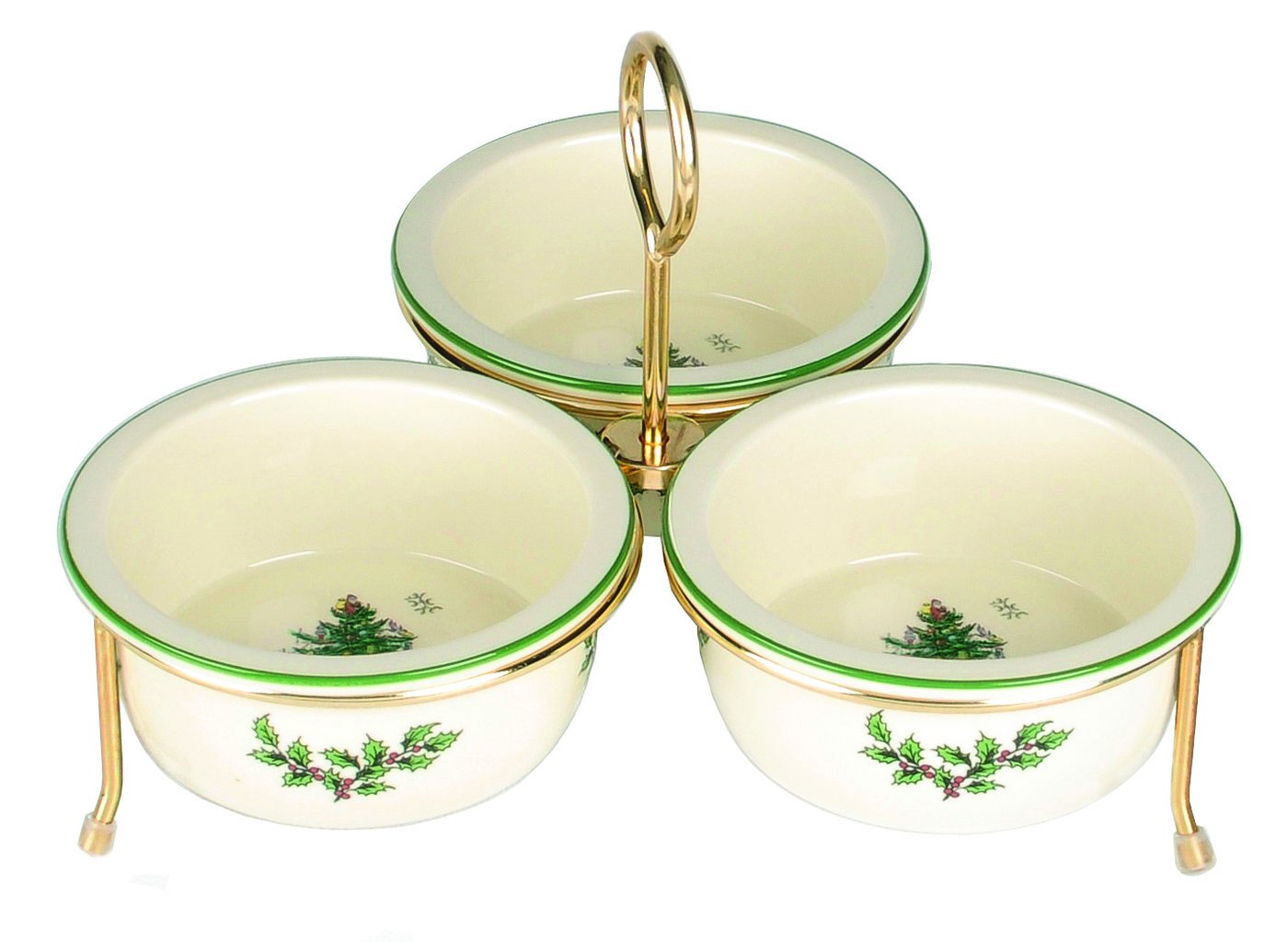 Spode Christmas Tree 3 Bowl Set With Gold Metal Stand, Green