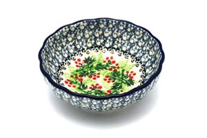 polish pottery bowl - shallow scalloped - small - holly berry