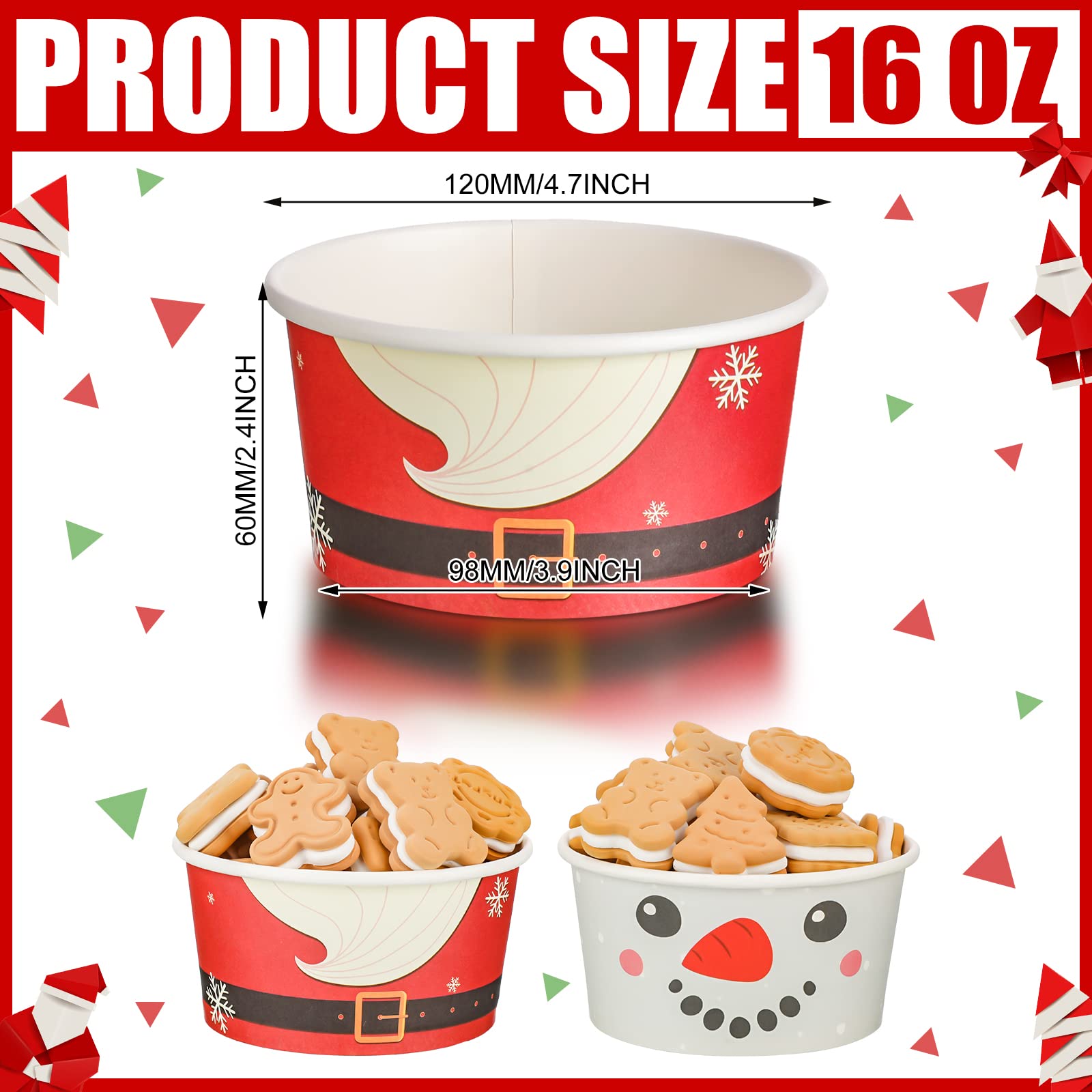 Hotop 72 Pack 16 oz Christmas Snack Cups Disposable Ice Cream Cups Yogurt Paper Bowls Dessert Cups Santa Snack Candy Cups Snowman Sundae Cups Christmas Paper Bowls for Party Supplies (Cute Style)