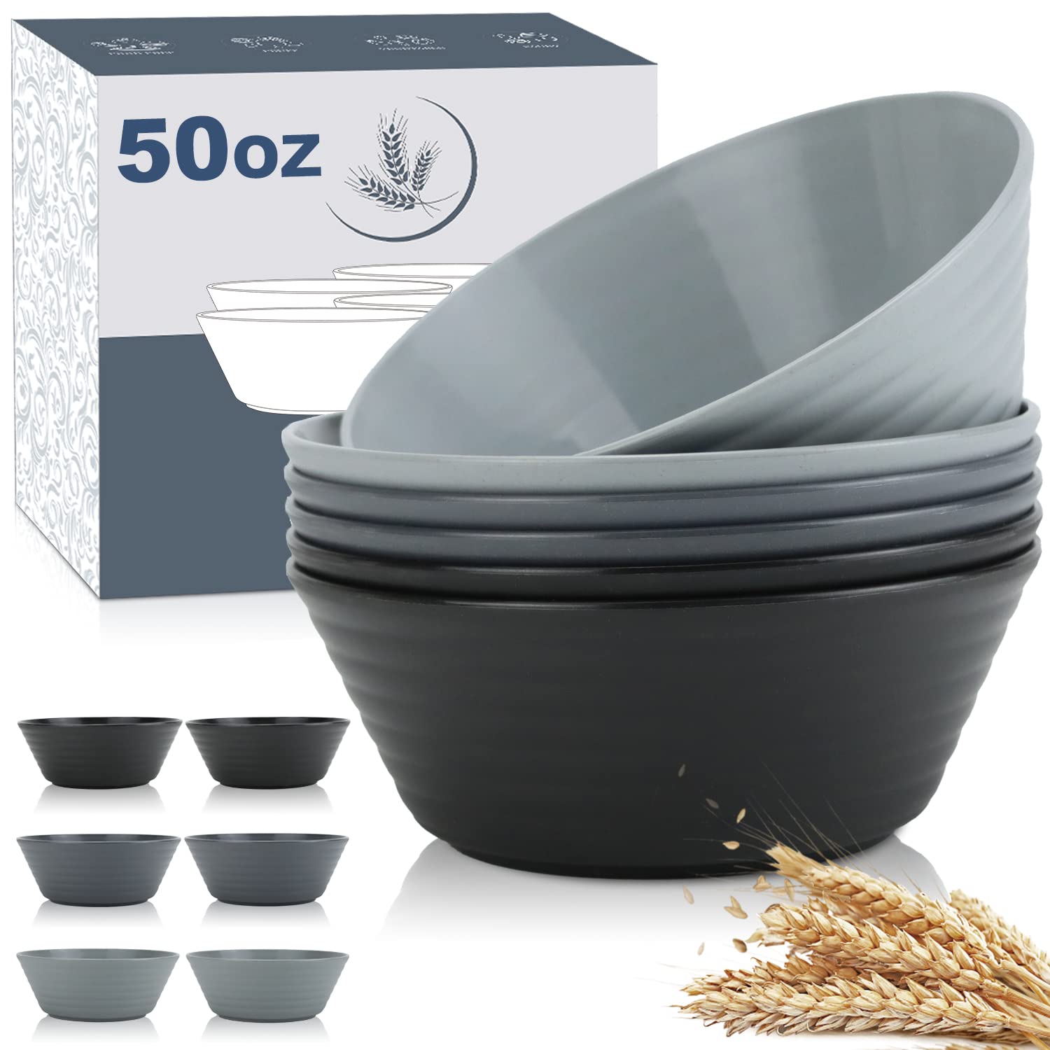 Wrova Wheat Straw Bowl Sets,6 PCS Unbreakable Cereal Bowl 50 OZ，Microwave and Dishwasher Safe Bowls,Super Big Bowl Sets BPA Free Eco Friendly Bowl for Serving Cereal,Oatmeal and Salad (Classic Series)